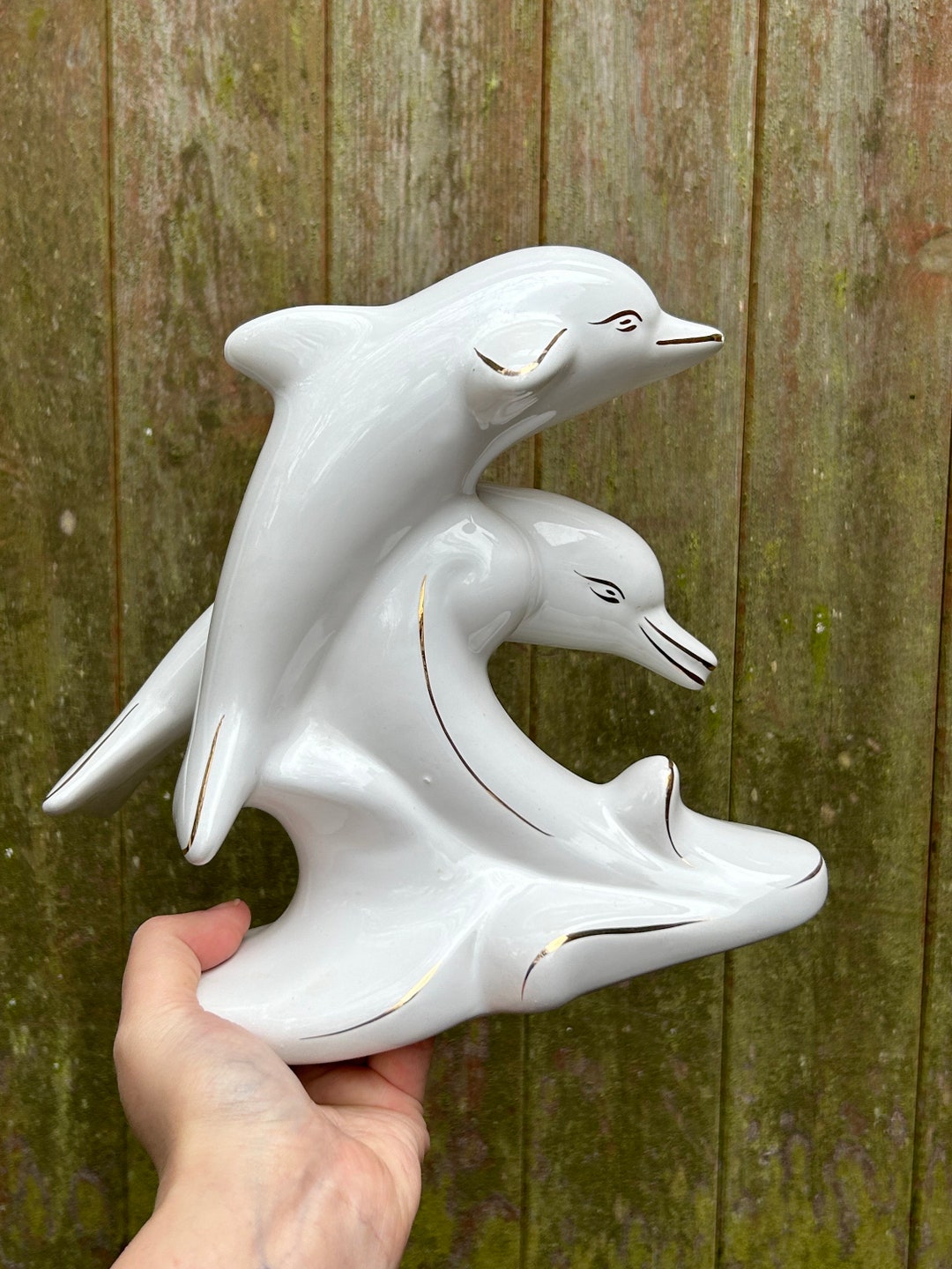 Vintage Large Dolphin Figurine - White & Golden Ceramic - 70s 90s Retro ...