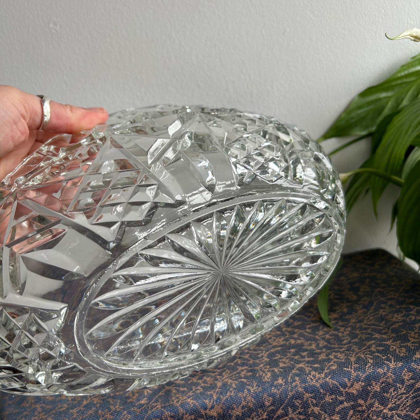 Vintage Glass Bowl - Faceted Crystal Cut Design, Oval Shape Decorative ...