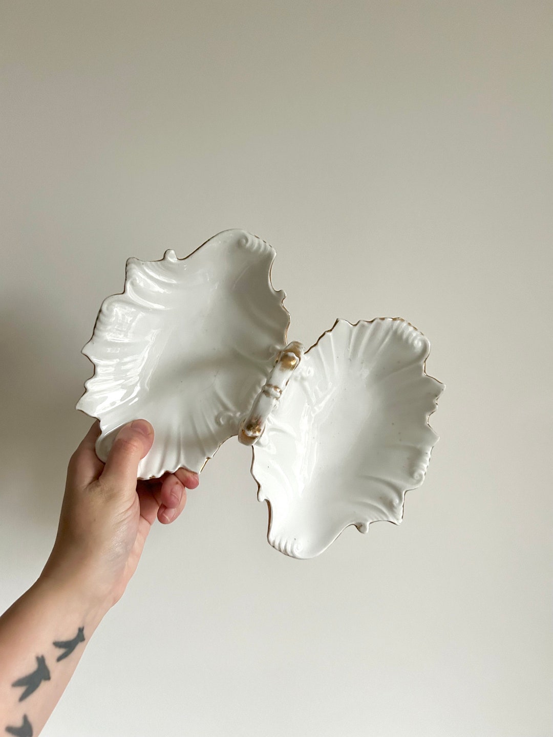 Vintage Porcelain Scalloped Serving Dish - White and Golden - Antique ...