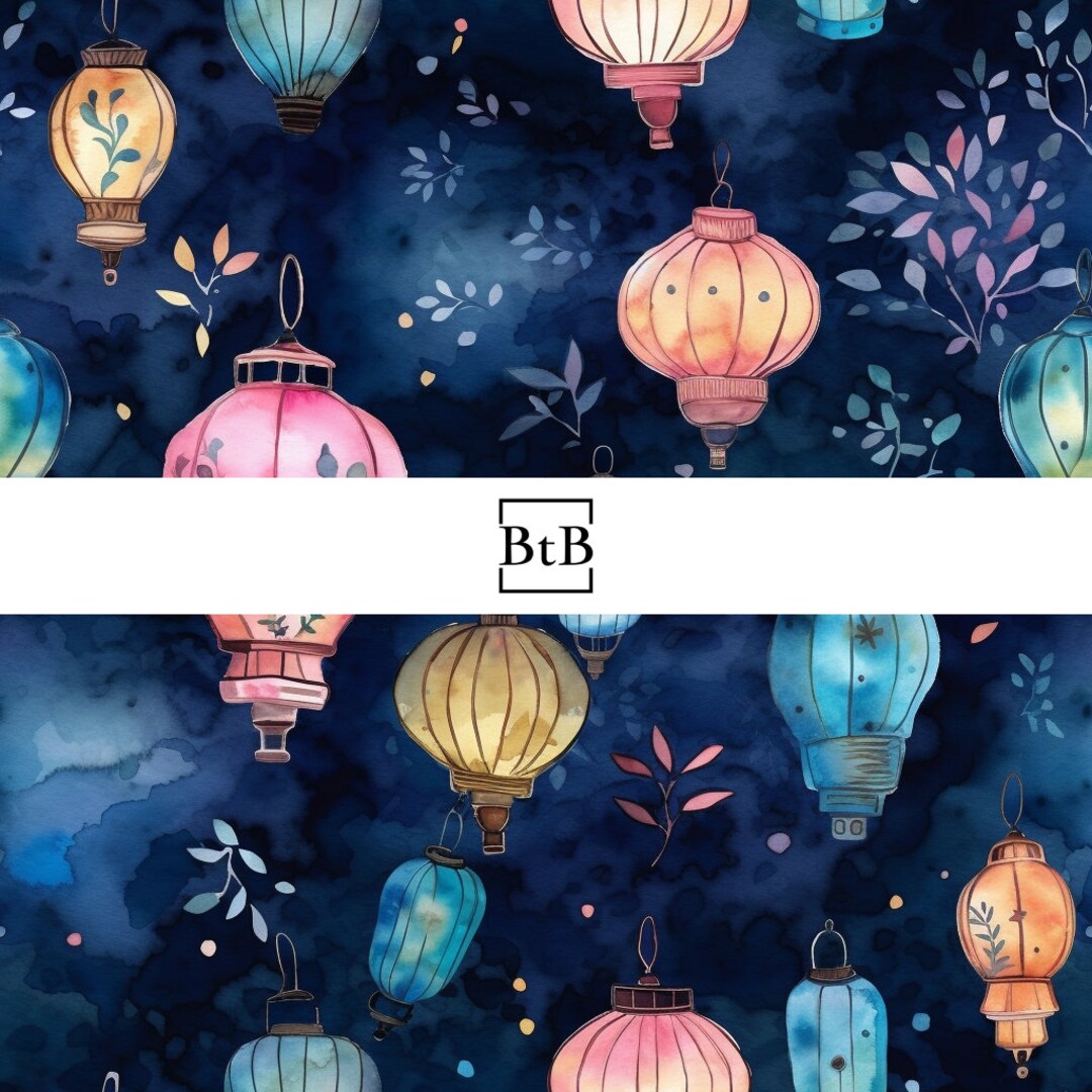 Seamless Floating Lanterns & Night Sky - Digital Art Tile Pattern ...