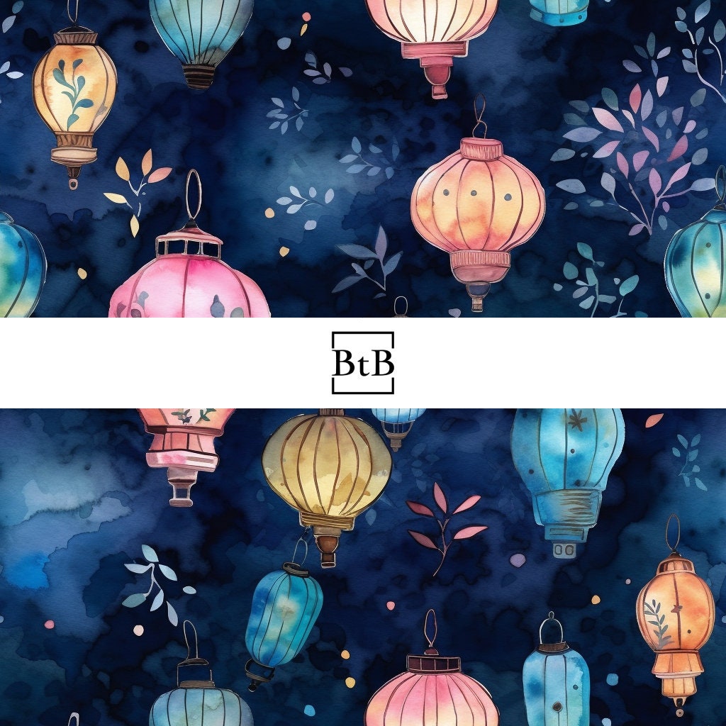 Seamless Floating Lanterns & Night Sky Digital Art Tile Pattern / Repeating Pattern Design ...