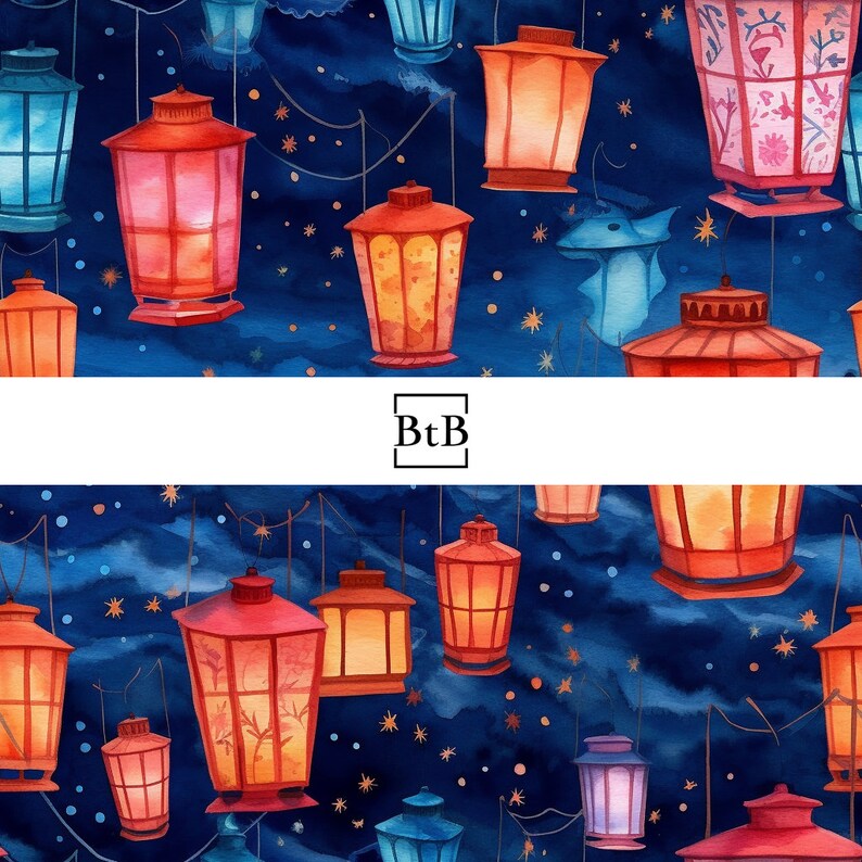 Seamless Floating Lanterns & Night Sky Digital Art Tile Pattern ...