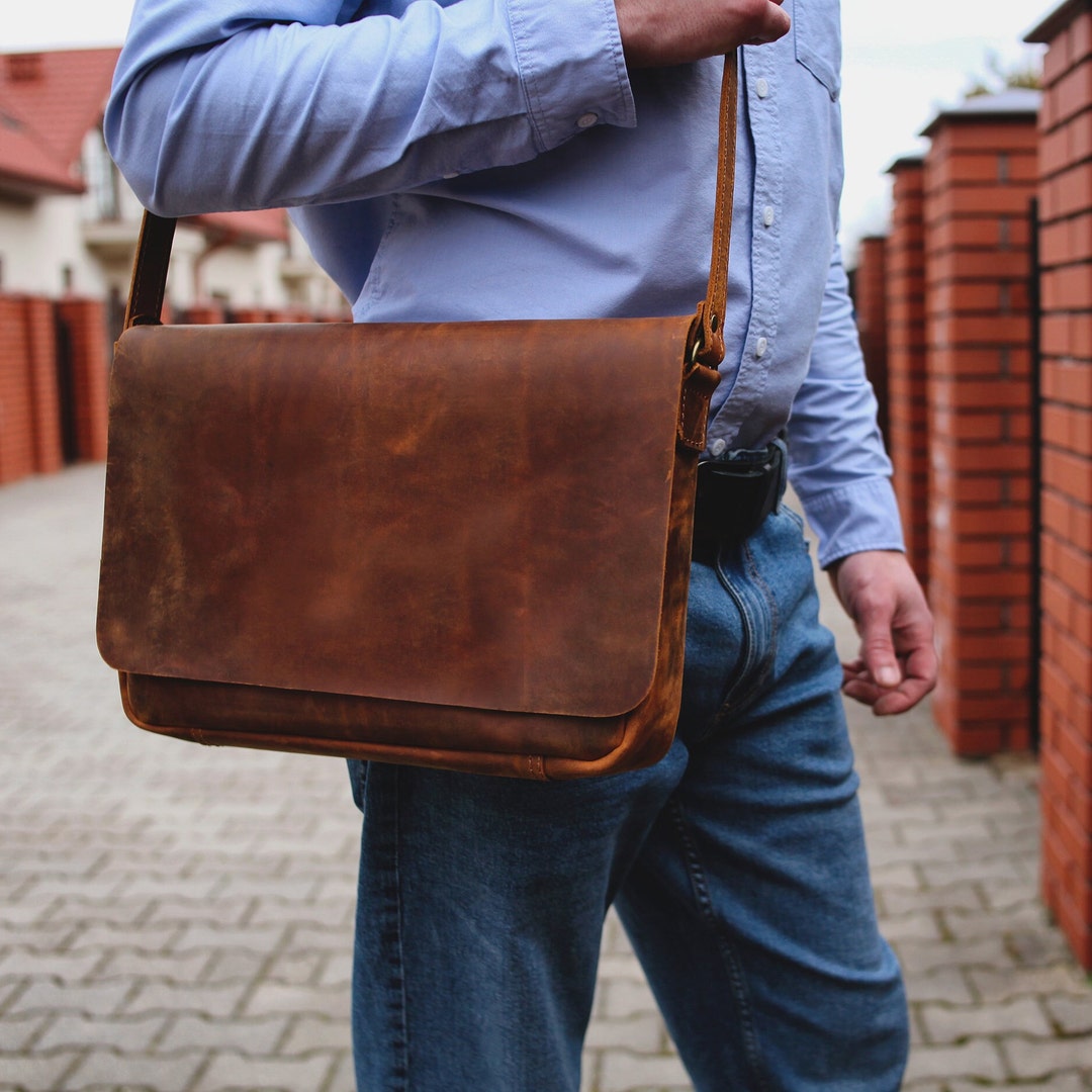 Mens Leather Messenger Bag With Personalization, Monogrammed Leather ...