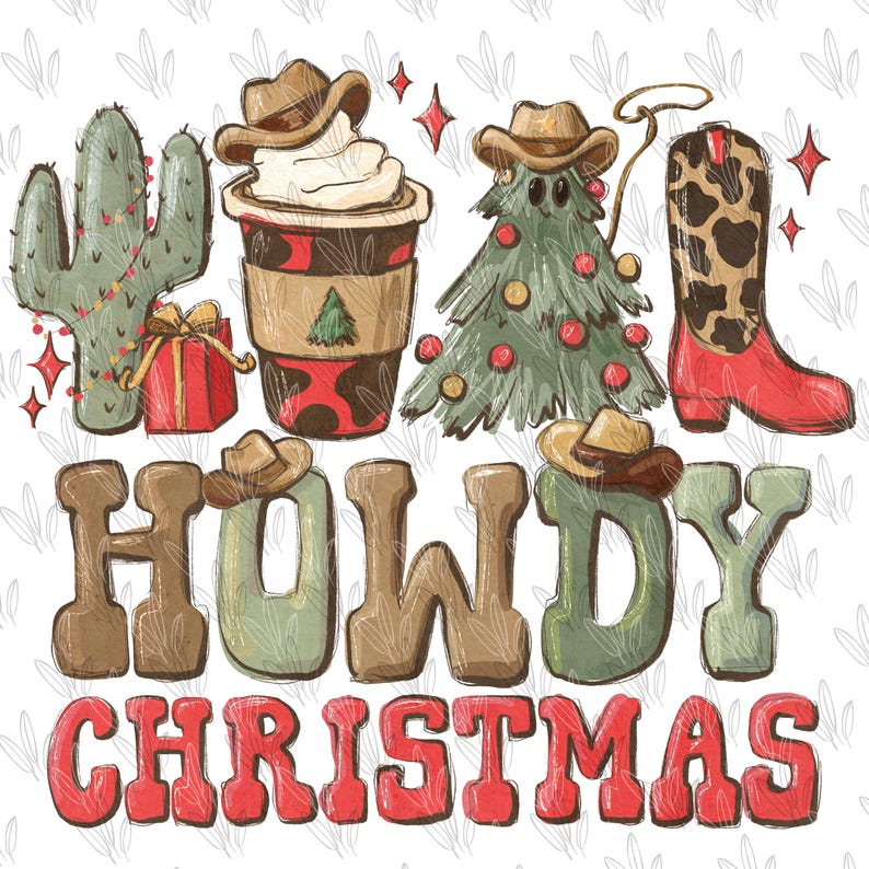 Howdy Christmas PNG, Cacti Western, Desert Cowgirl Cowboy, Cow Print ...
