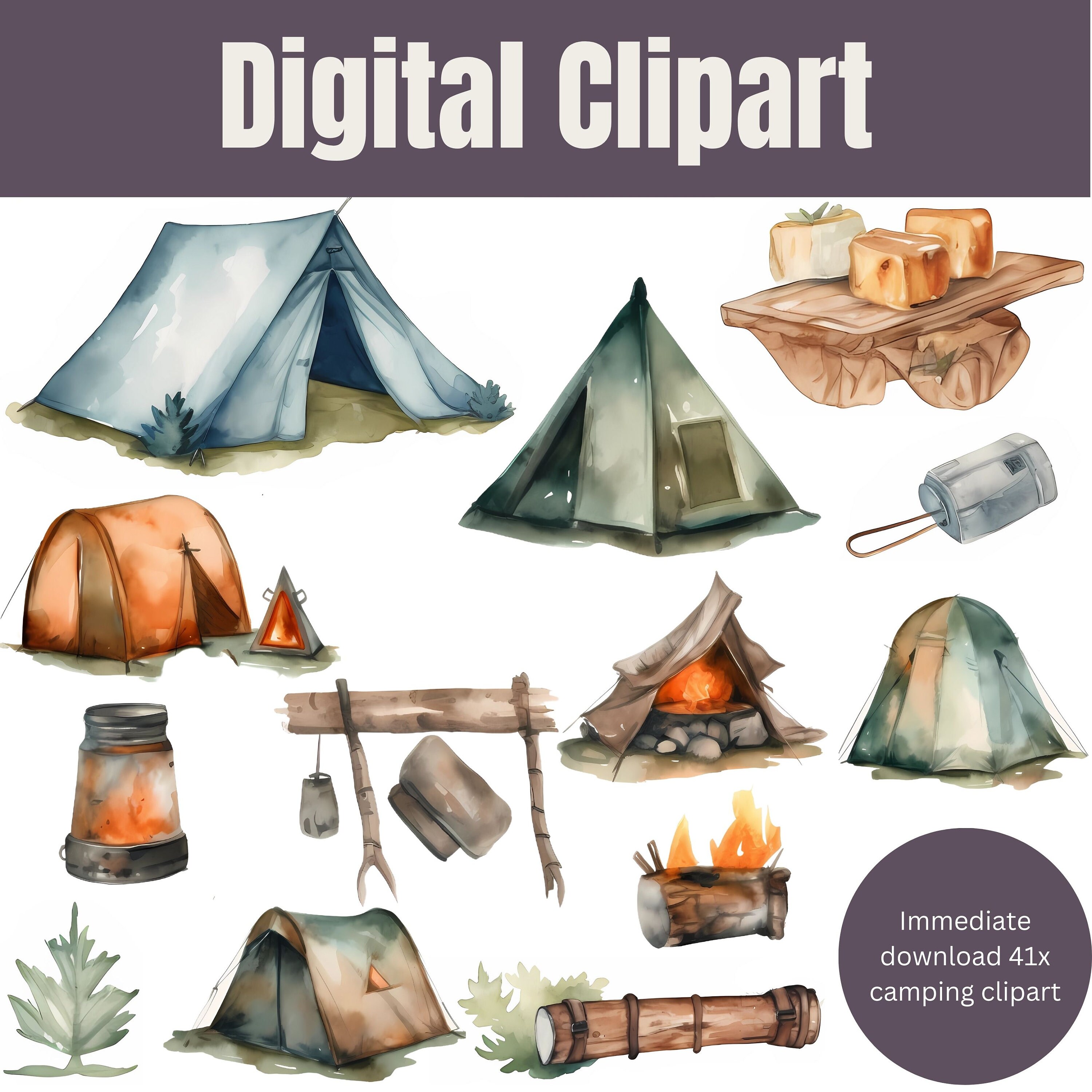 Camping Clipart, Watercolour Camping Images, Bundle 41 X Images ...