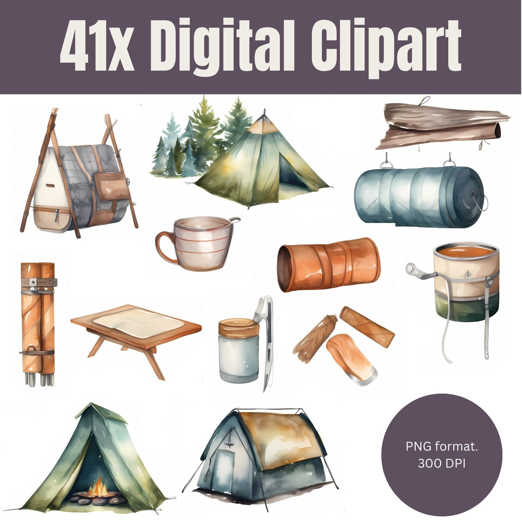 Camping Clipart, Watercolour Camping Images, Bundle 41 X Images ...