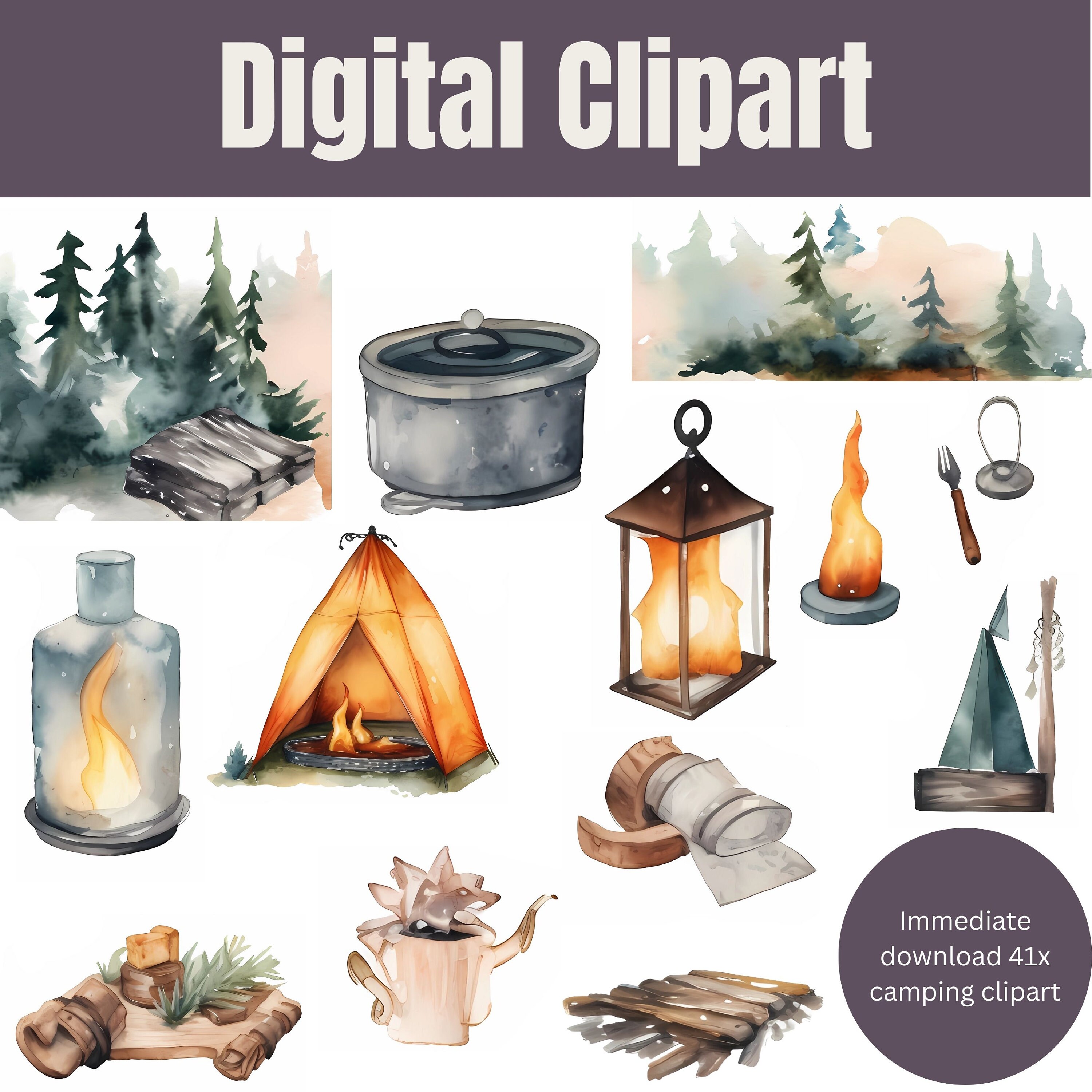 Camping Clipart, Watercolour Camping Images, Bundle 41 X Images ...