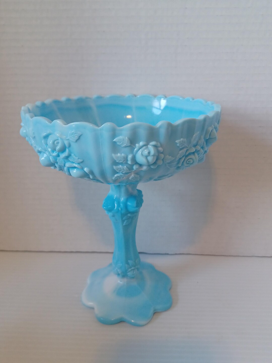 Gorgeous Fenton Cabbage Rose Blue Marble Slag Glass Candy Dish Pedestal ...