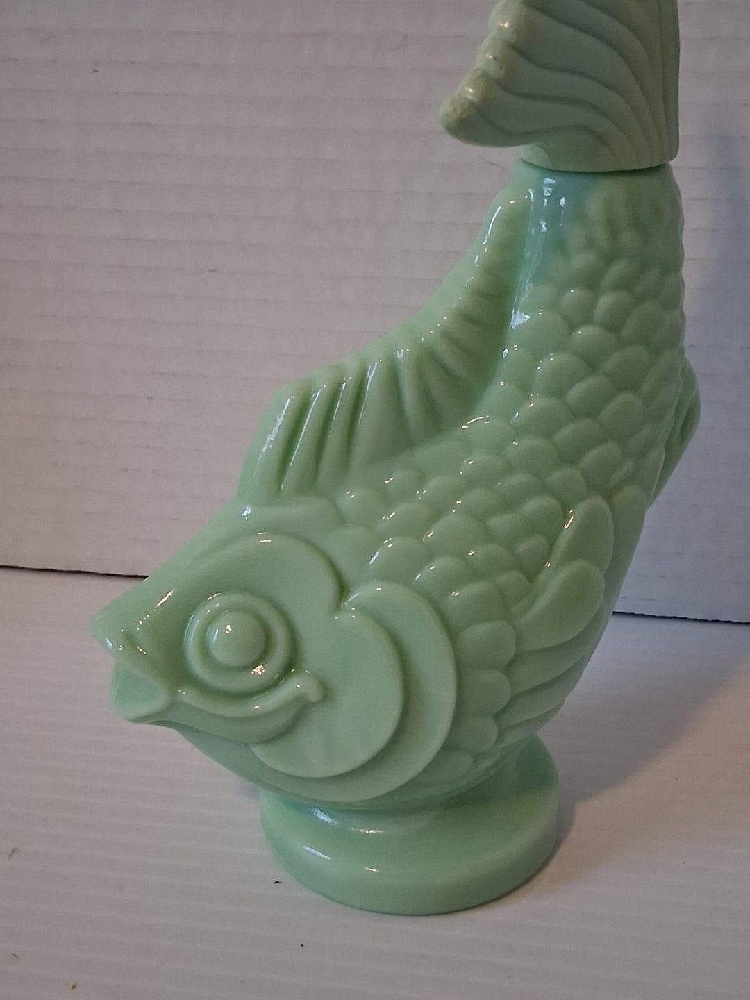 Vintage 1970s Avon Jadeite Glass Green Koi Fish Bath Oil Bottle ...