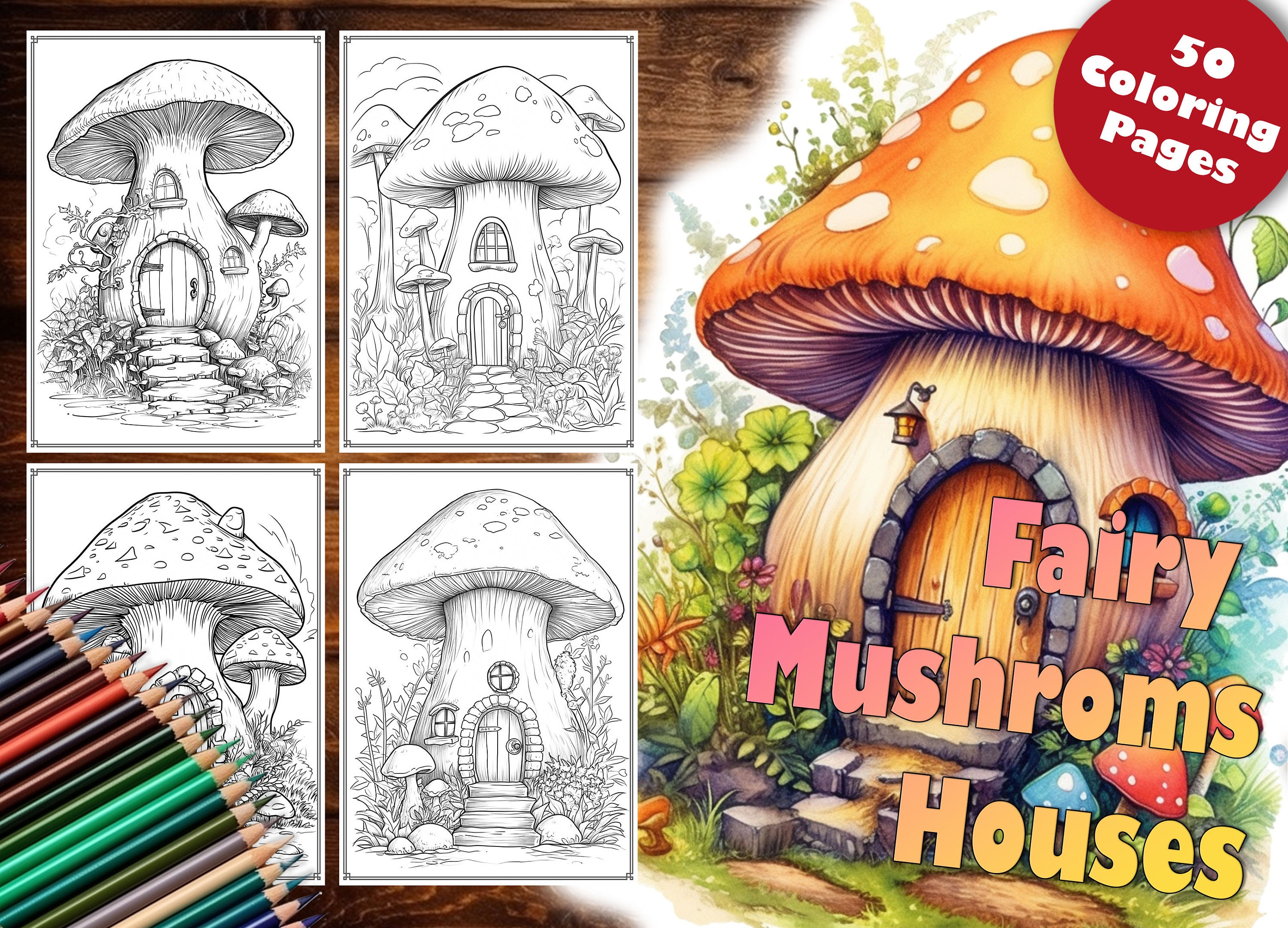 50 Mushroom Houses Coloring Page Book Adults Kids Instant Download ...