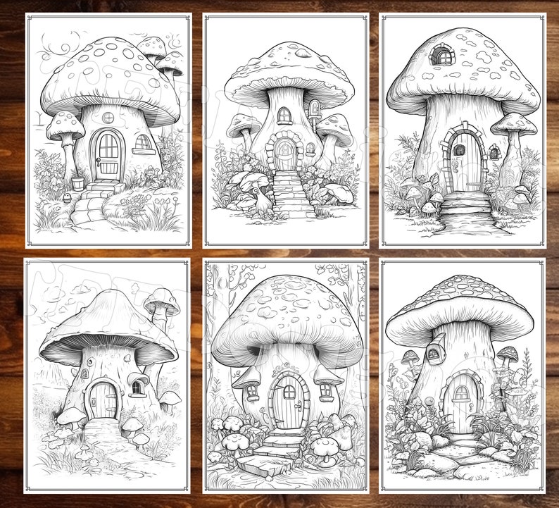 50 Mushroom Houses Coloring Page Book Adults Kids Instant Download ...