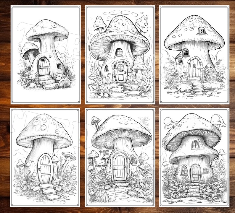 50 Mushroom Houses Coloring Page Book Adults Kids Instant Download ...