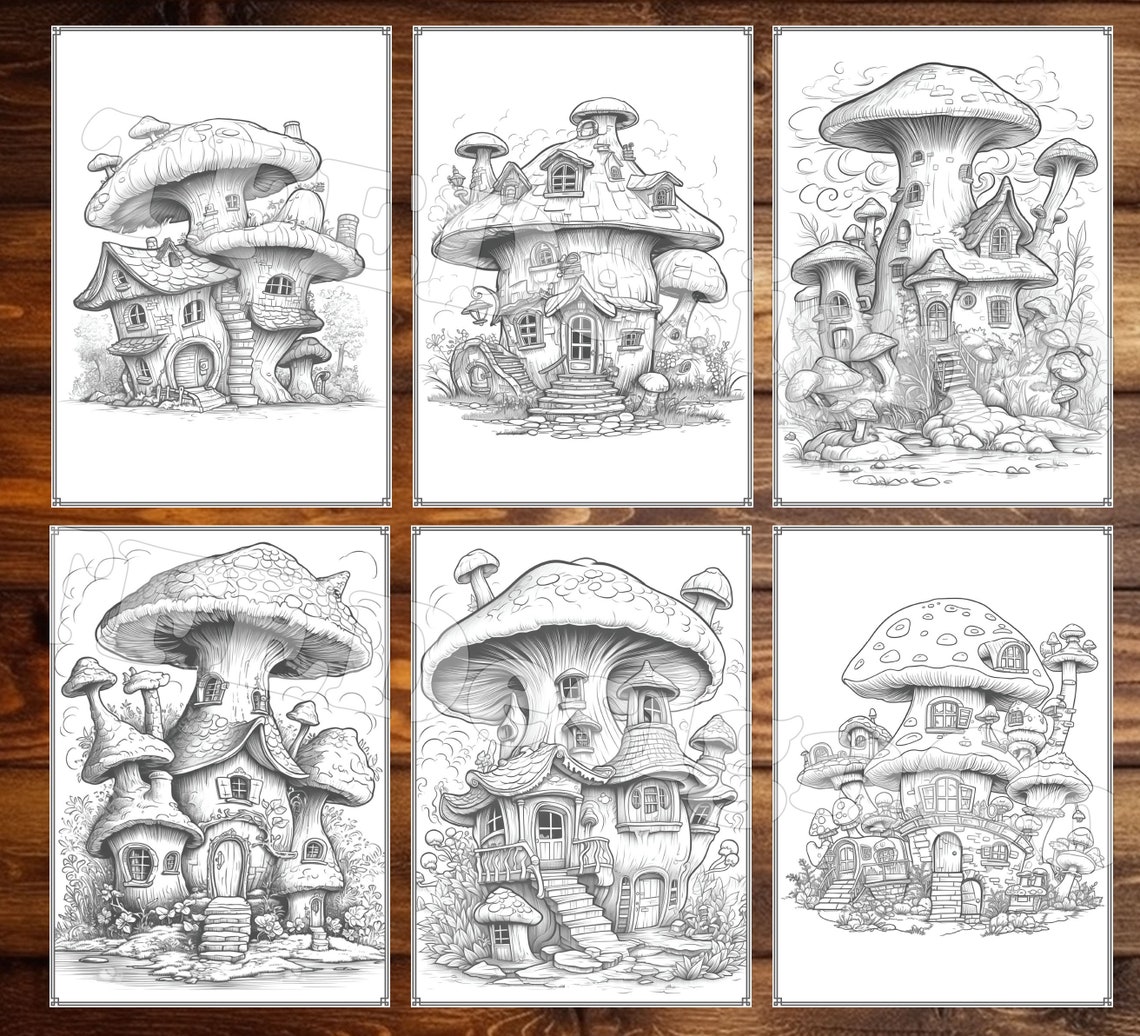 12 Mushroom Houses Coloring Page Book Adults Kids Instant Download ...