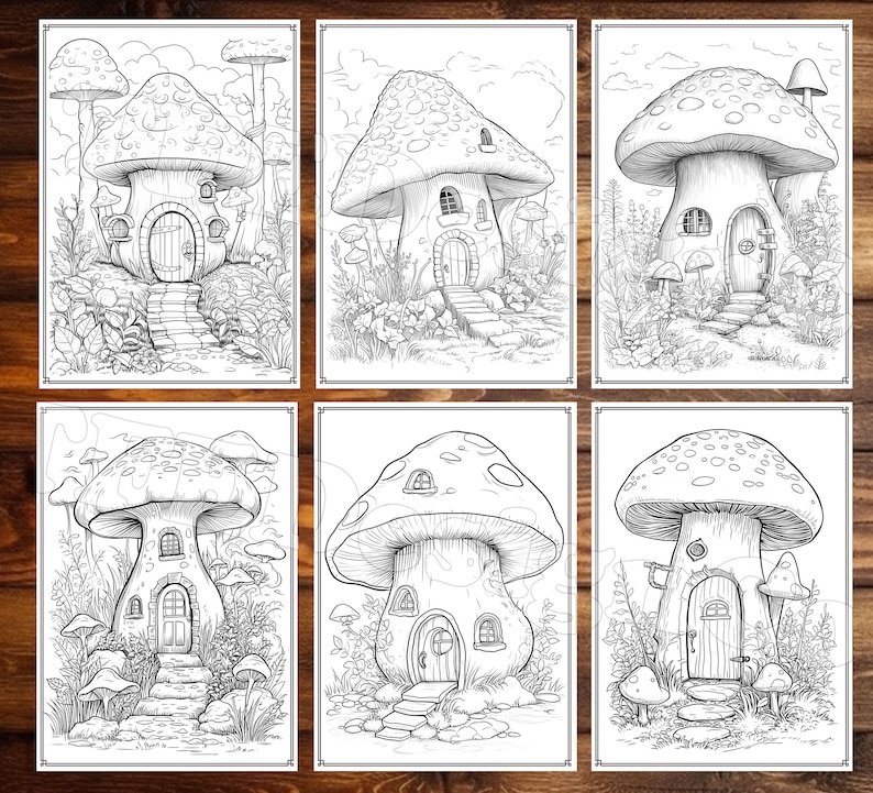 50 Mushroom Houses Coloring Page Book Adults Kids Instant Download ...