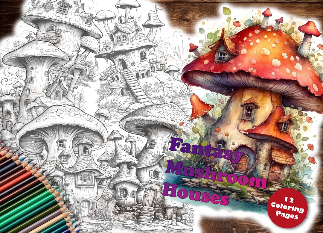 12 Mushroom Houses | Coloring Page Book | Adults | Kids | Instant ...