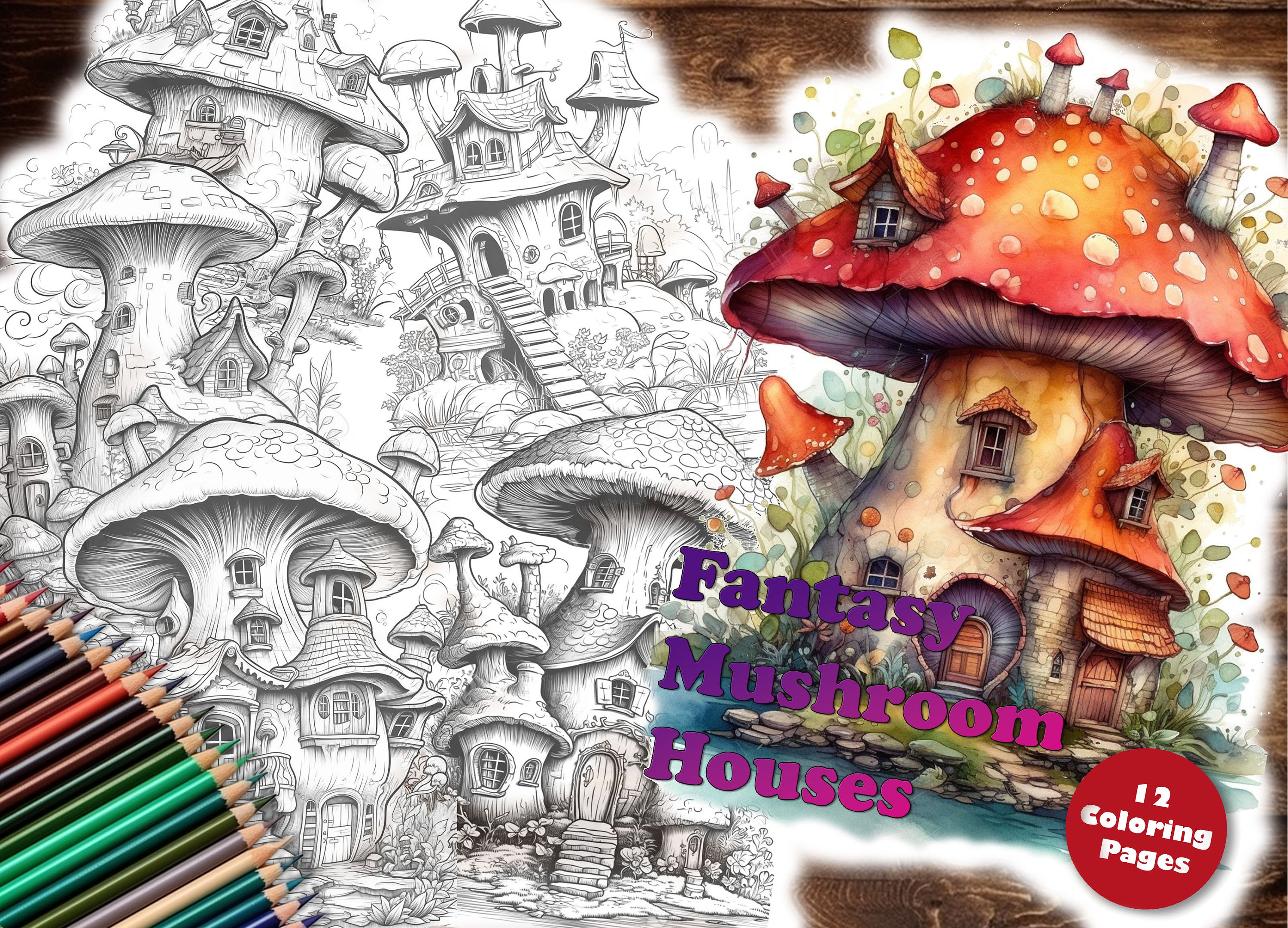 12 Mushroom Houses | Coloring Page Book | Adults | Kids | Instant ...