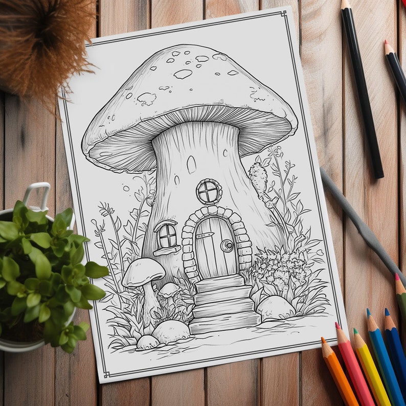 50 Mushroom Houses Coloring Page Book Adults Kids Instant Download ...