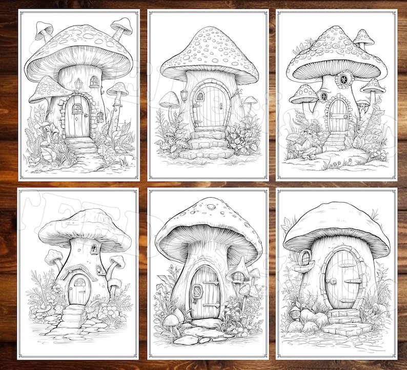 50 Mushroom Houses Coloring Page Book Adults Kids Instant Download ...
