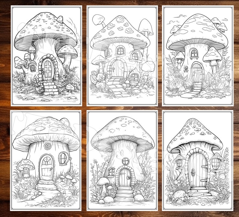 50 Mushroom Houses Coloring Page Book Adults Kids Instant Download ...