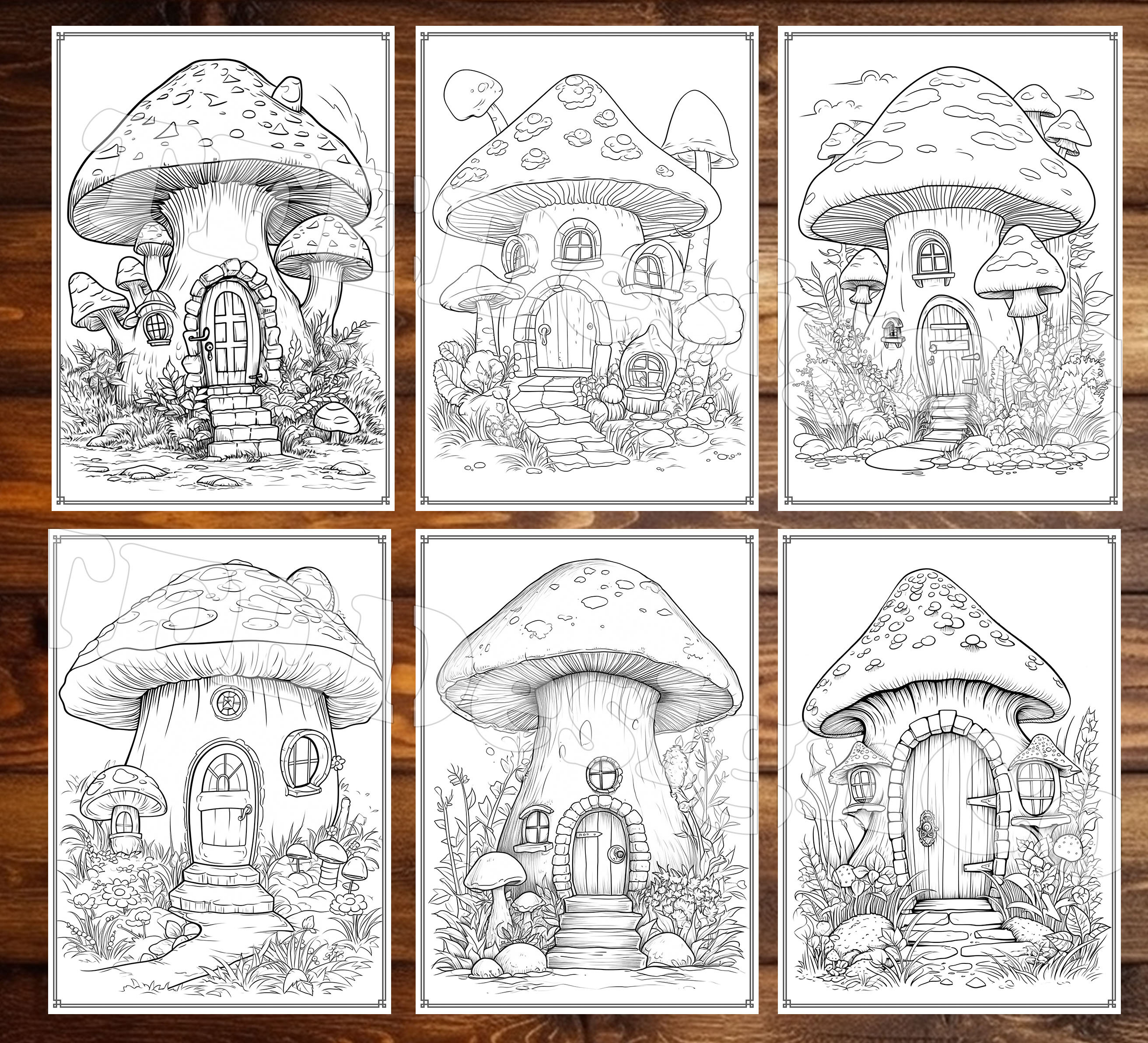 50 Mushroom Houses Coloring Page Book Adults Kids Instant Download ...