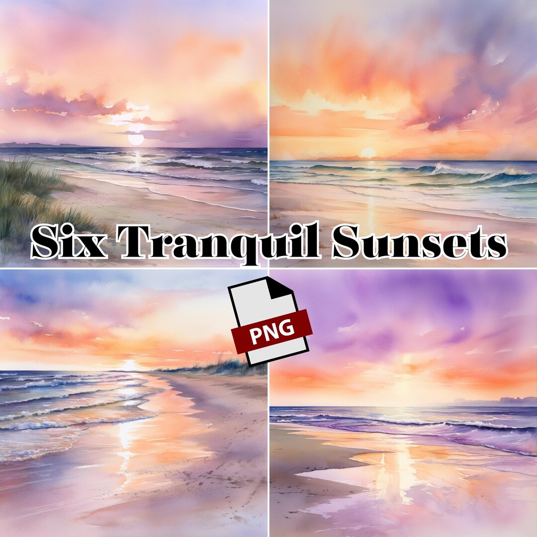 Set of Six Sunset Beach Watercolor Backgrounds Soft Colorful Sunset ...