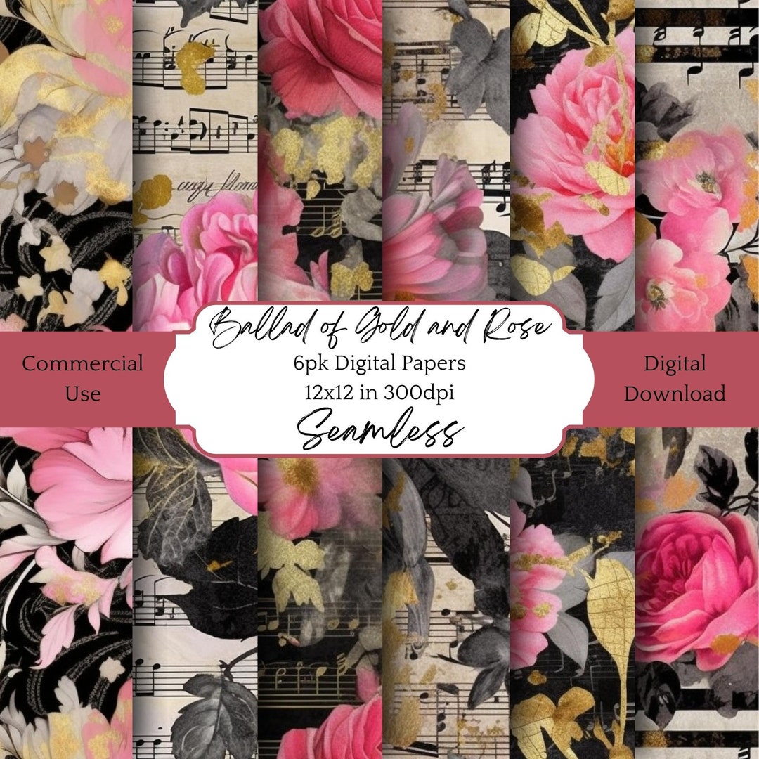 Paper Pack Ballad Gold and Rose Instant Digital Download Tiled Seamless ...