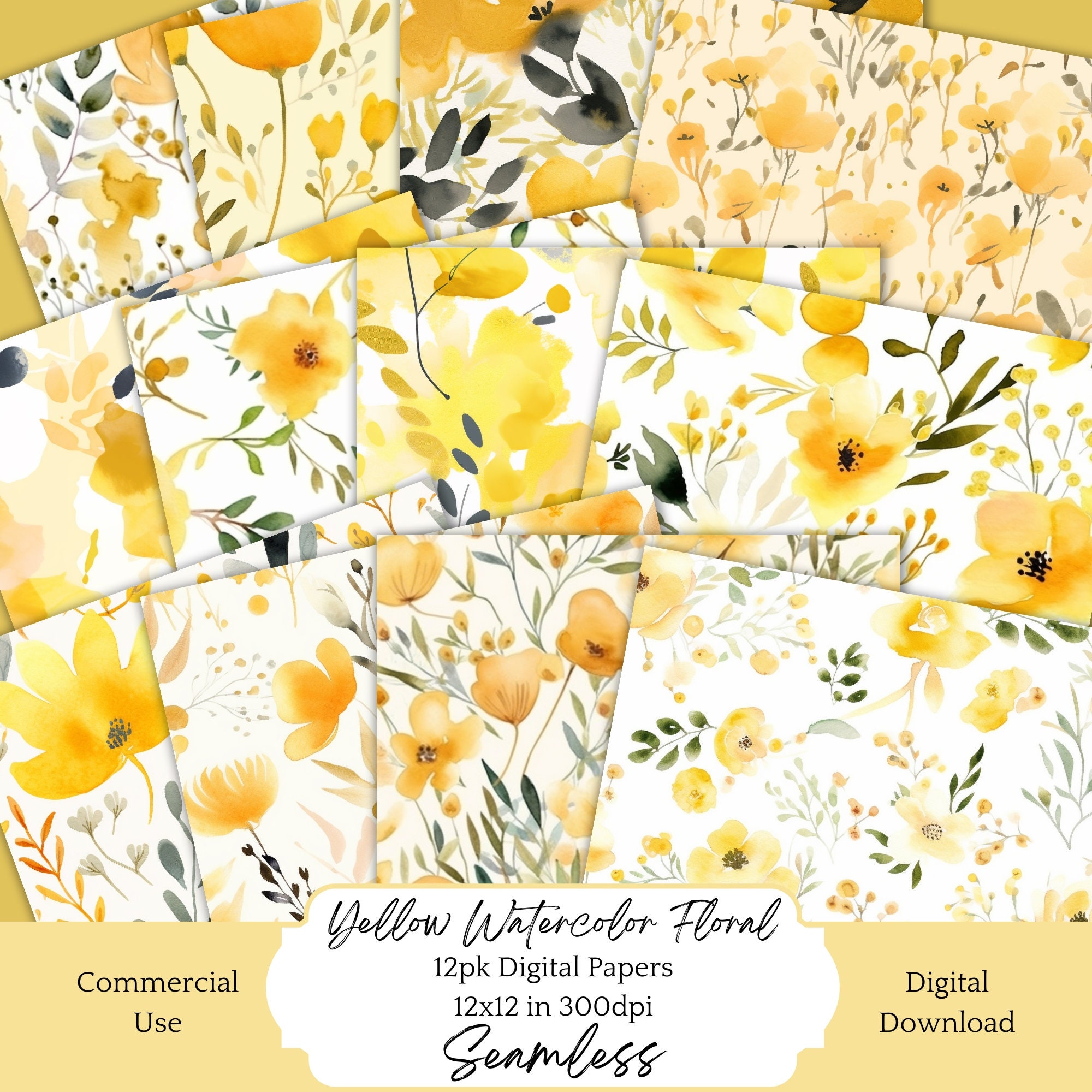 Paper Pack Yellow Watercolor Floral Instant Digital Download Tiled ...