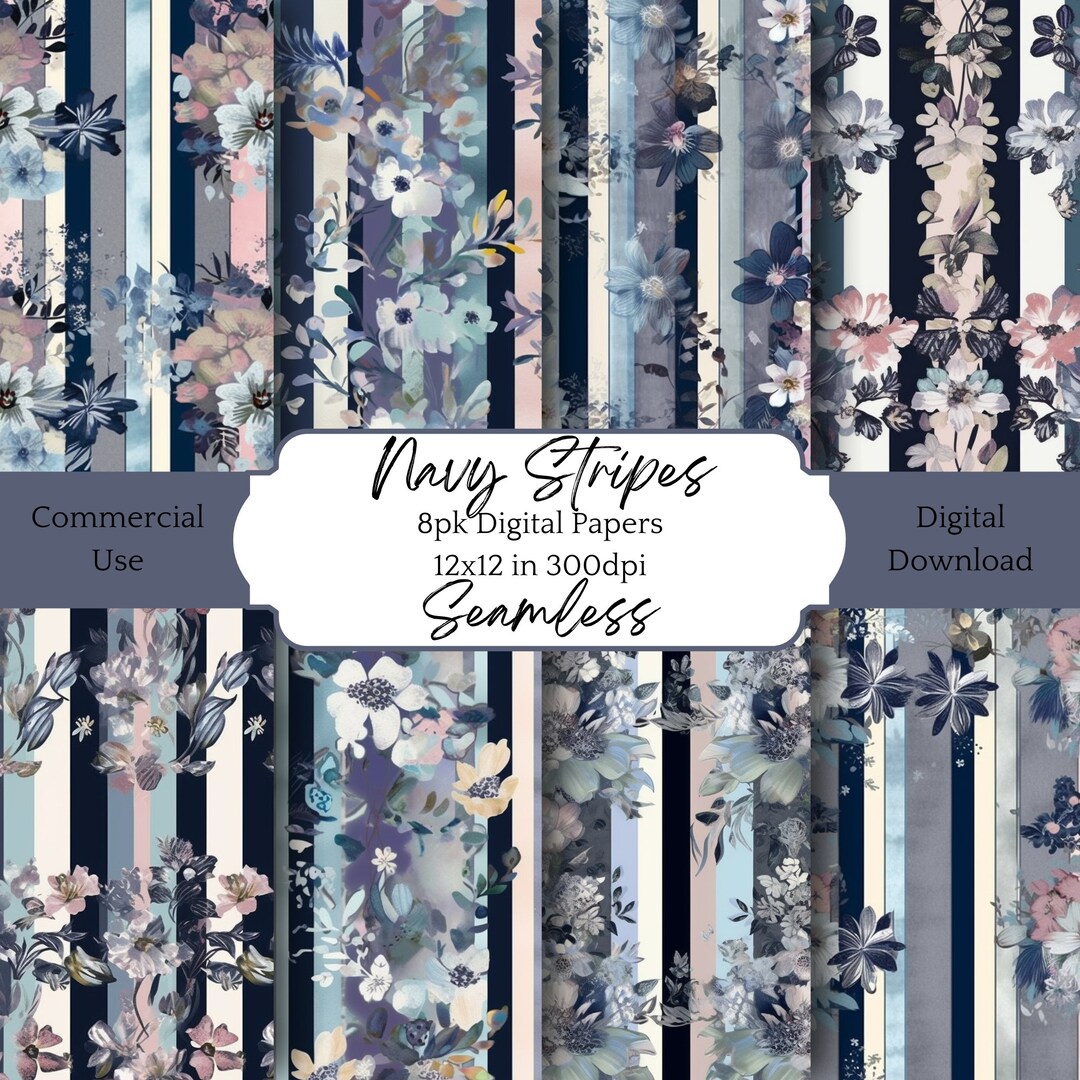 Paper Pack Navy Stripes Floral Instant Digital Download Tiled Seamless ...