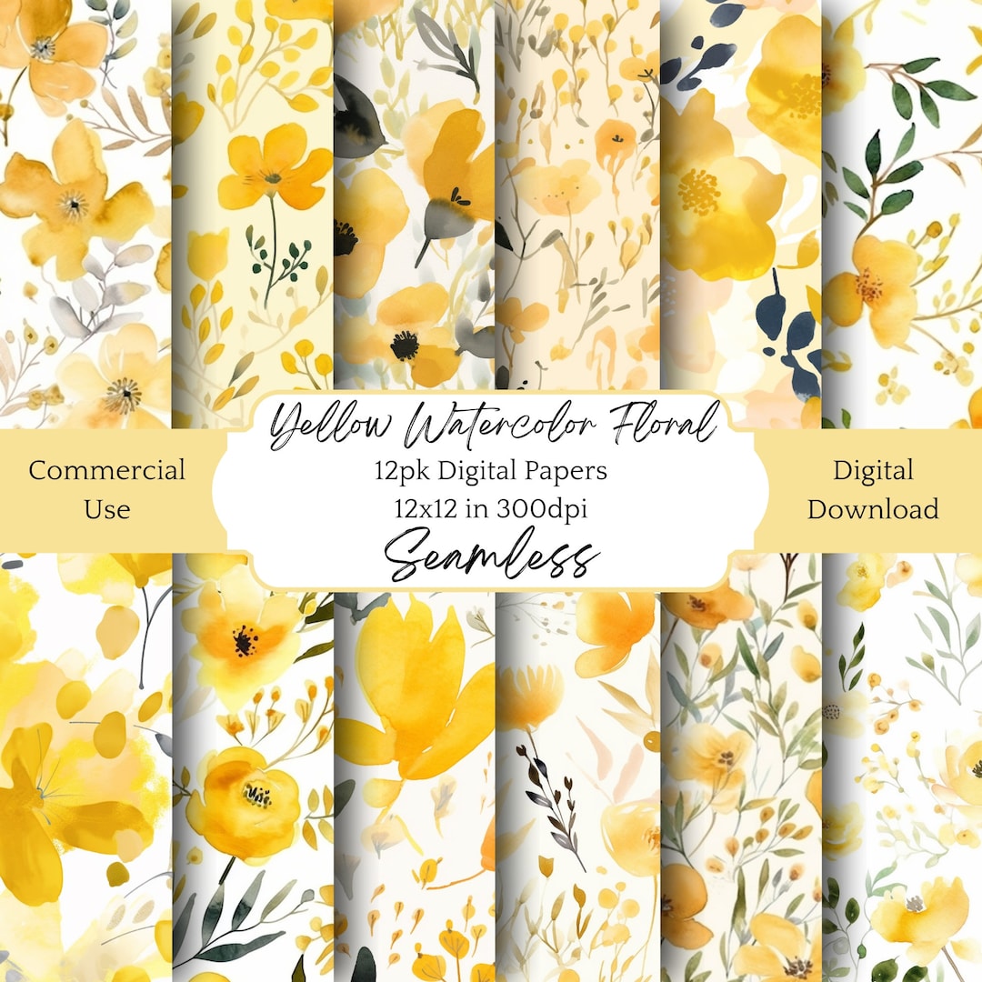 Paper Pack Yellow Watercolor Floral Instant Digital Download Tiled ...
