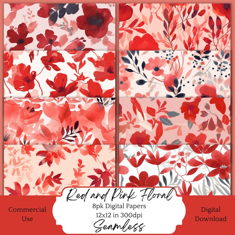 Paper Pack Red and Pink Floral Instant Digital Download Tiled Seamless ...