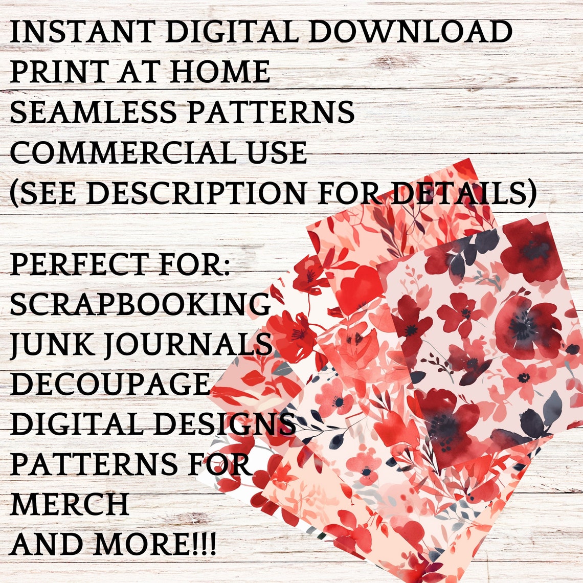 Paper Pack Red and Pink Floral Instant Digital Download Tiled Seamless ...