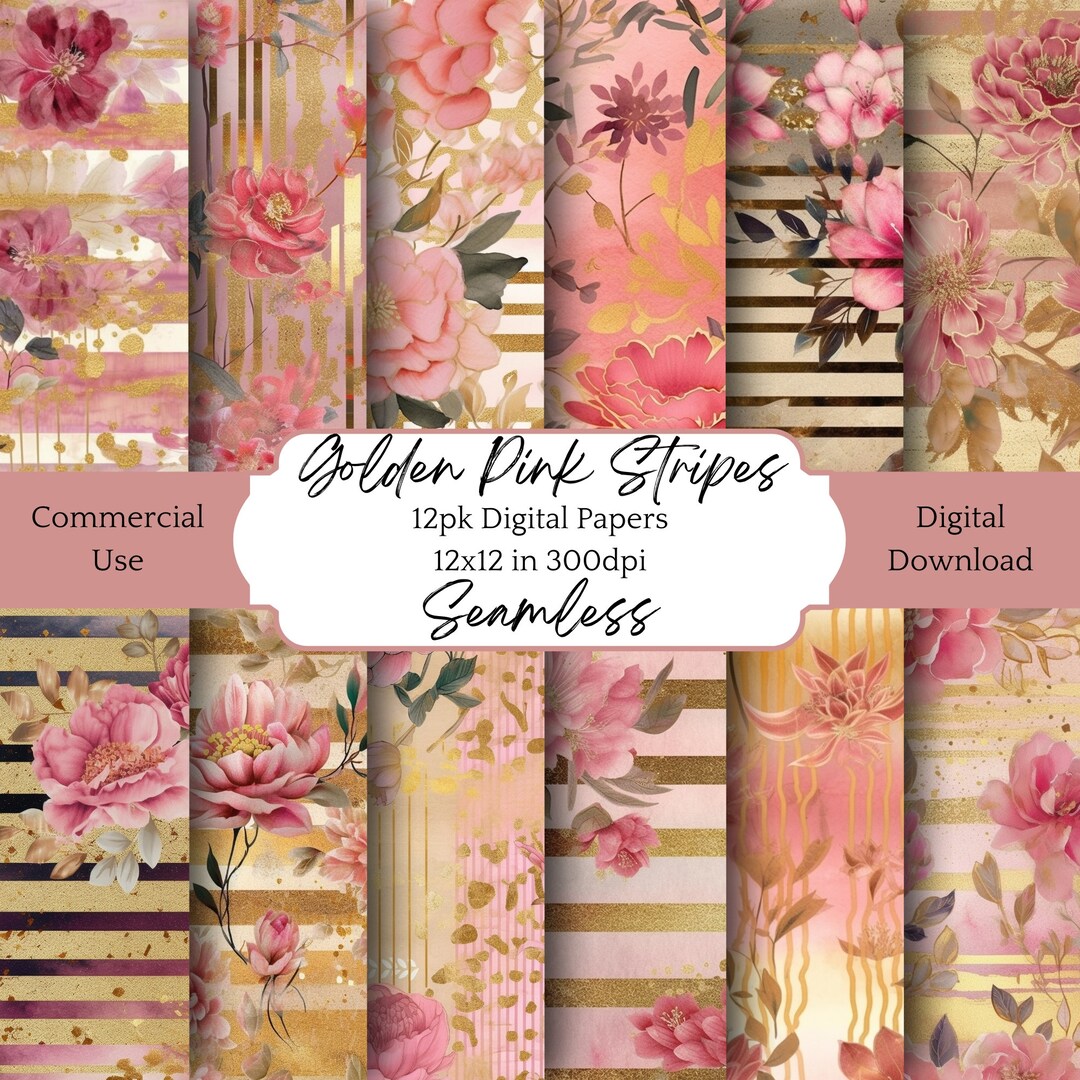 Paper Pack Golden Pink Stripes Instant Digital Download Tiled Seamless ...