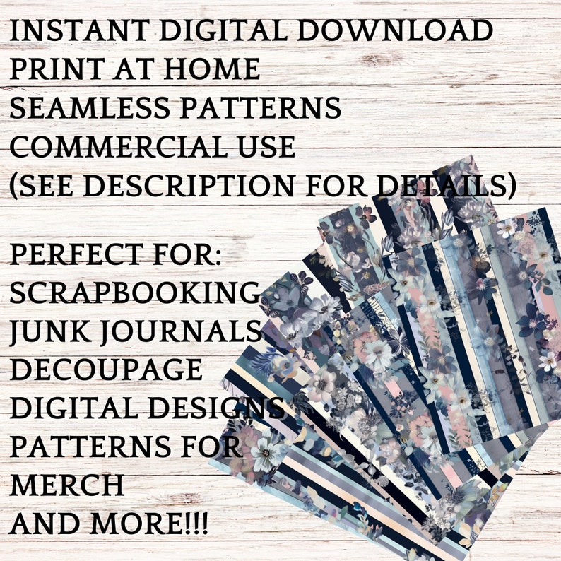 Paper Pack Navy Stripes Floral Instant Digital Download Tiled Seamless ...