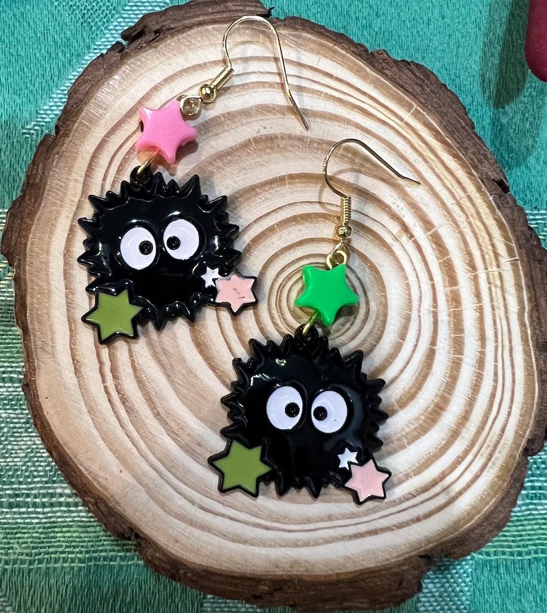 Soot Sprite Earrings, Green and Pink Star Earrings, Spirited Away, Studio Ghibli - Etsy