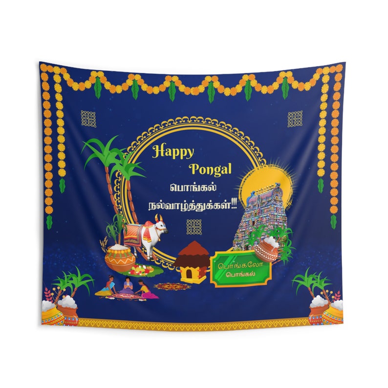 Indoor Wall Tapestries Happy Pongal Tamil Backdrop 8.6 Feet L X 7.3 ...