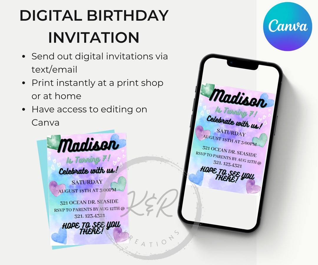 Girls Digital Birthday Invitation L Cute Watercolor Heart Designs L ...