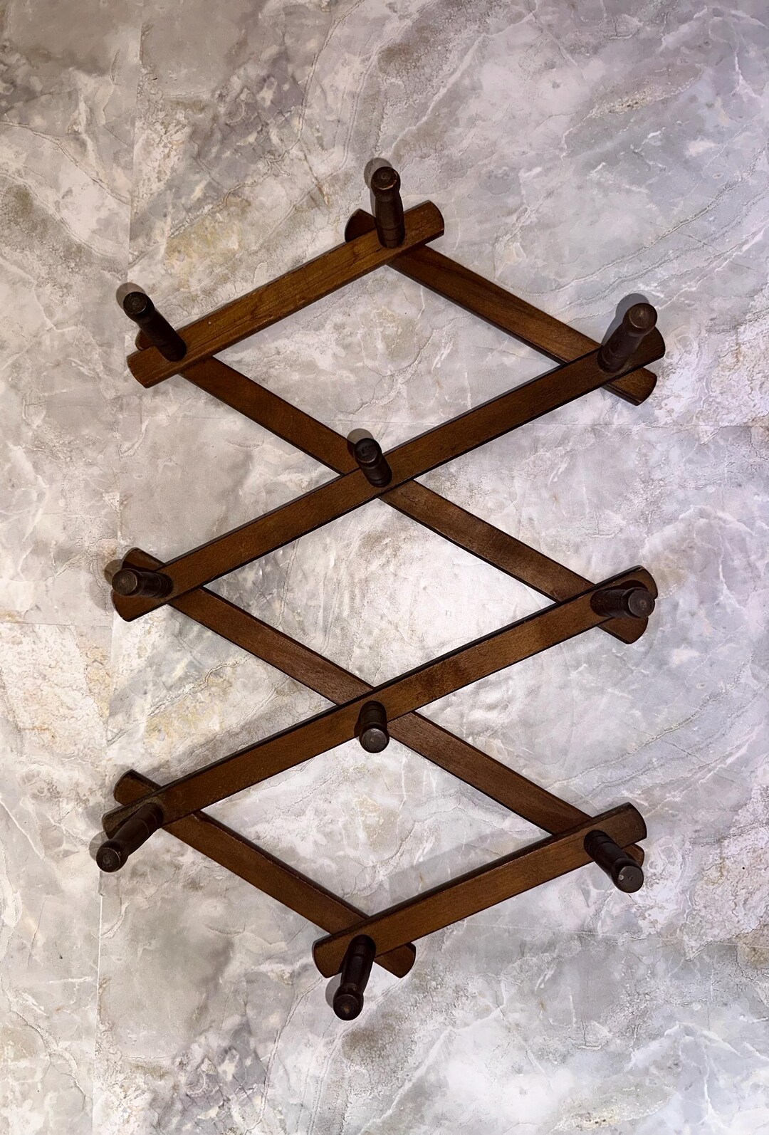 Vintage Wooden Accordion Rack With 10 Pegs - Vintage Wall Hook Rack ...