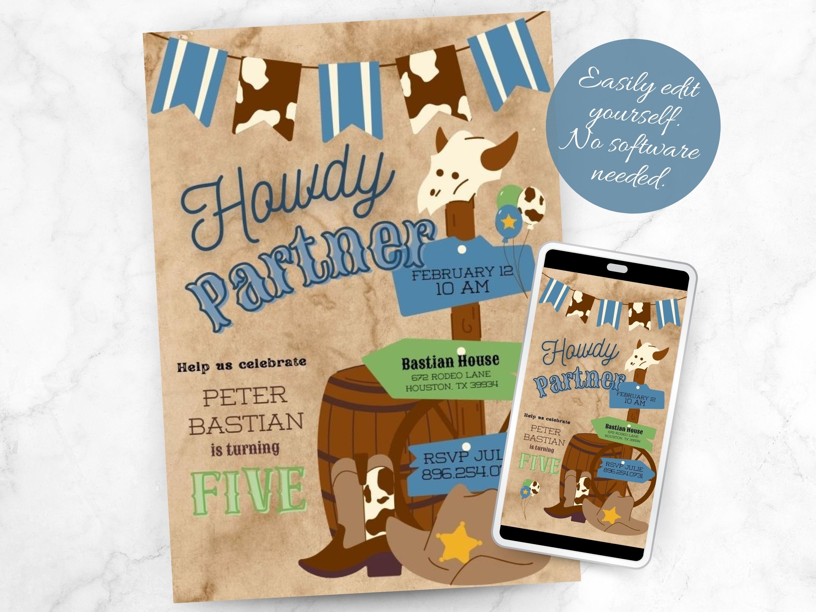 Cowboy Birthday Invitation, Birthday Party Invitation, Editable ...