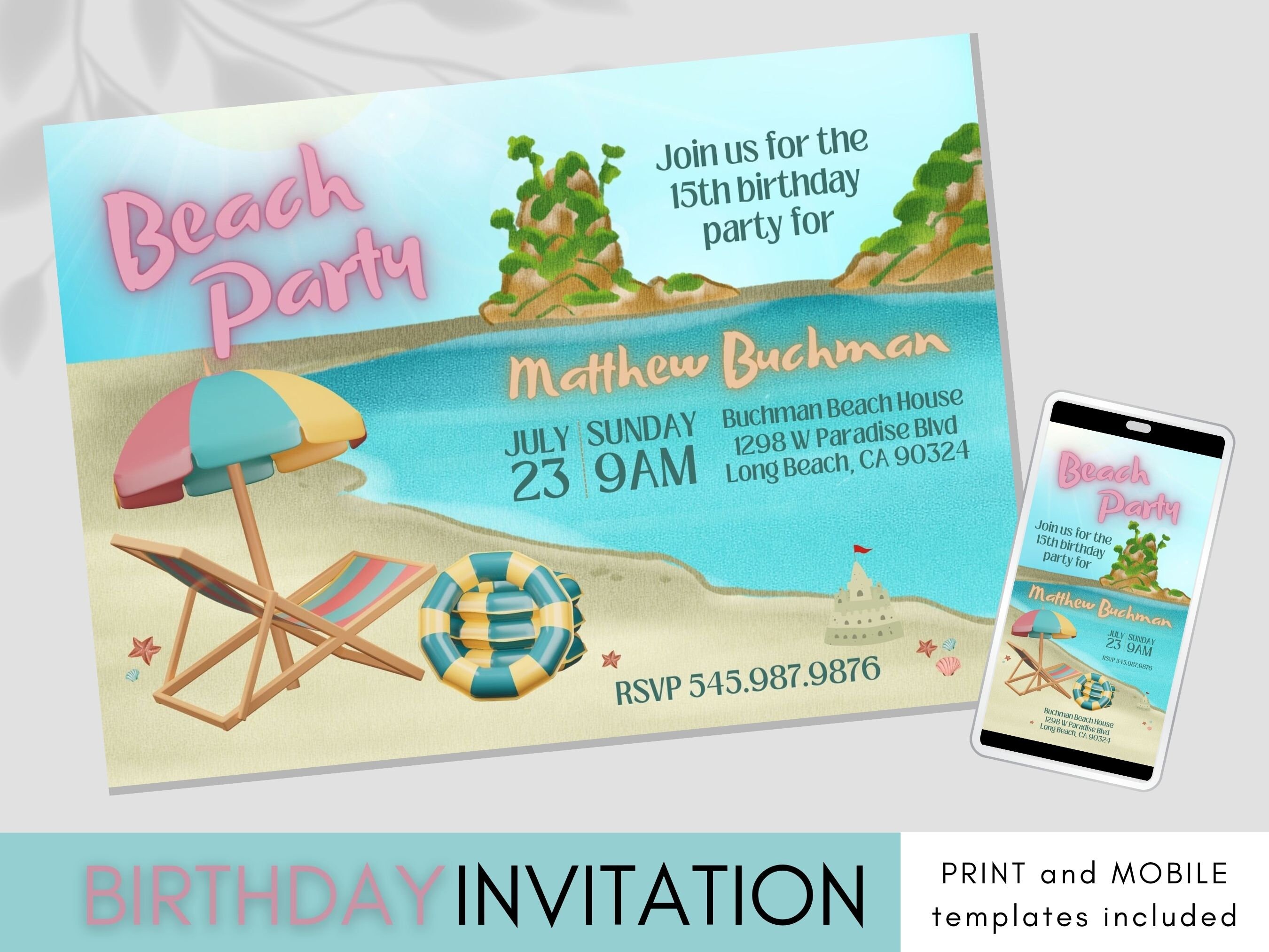 Beach Birthday Invitation | Birthday Party Invitation | Editable ...