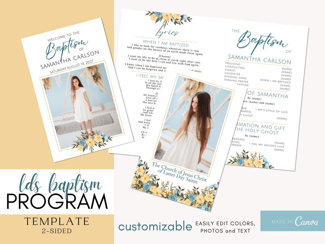 Customizable LDS Baptism Program, Easy to Edit Canva Template, Blue and ...