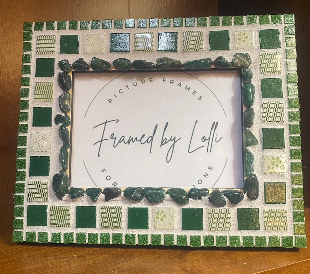 Patterned Green Glass Tile Picture Frame With Polished Rocks - Unique ...
