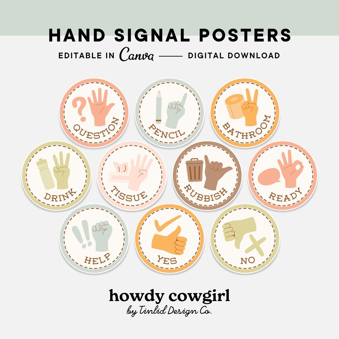 Printable Classroom Hand Signal Posters, Editable Canva Template ...