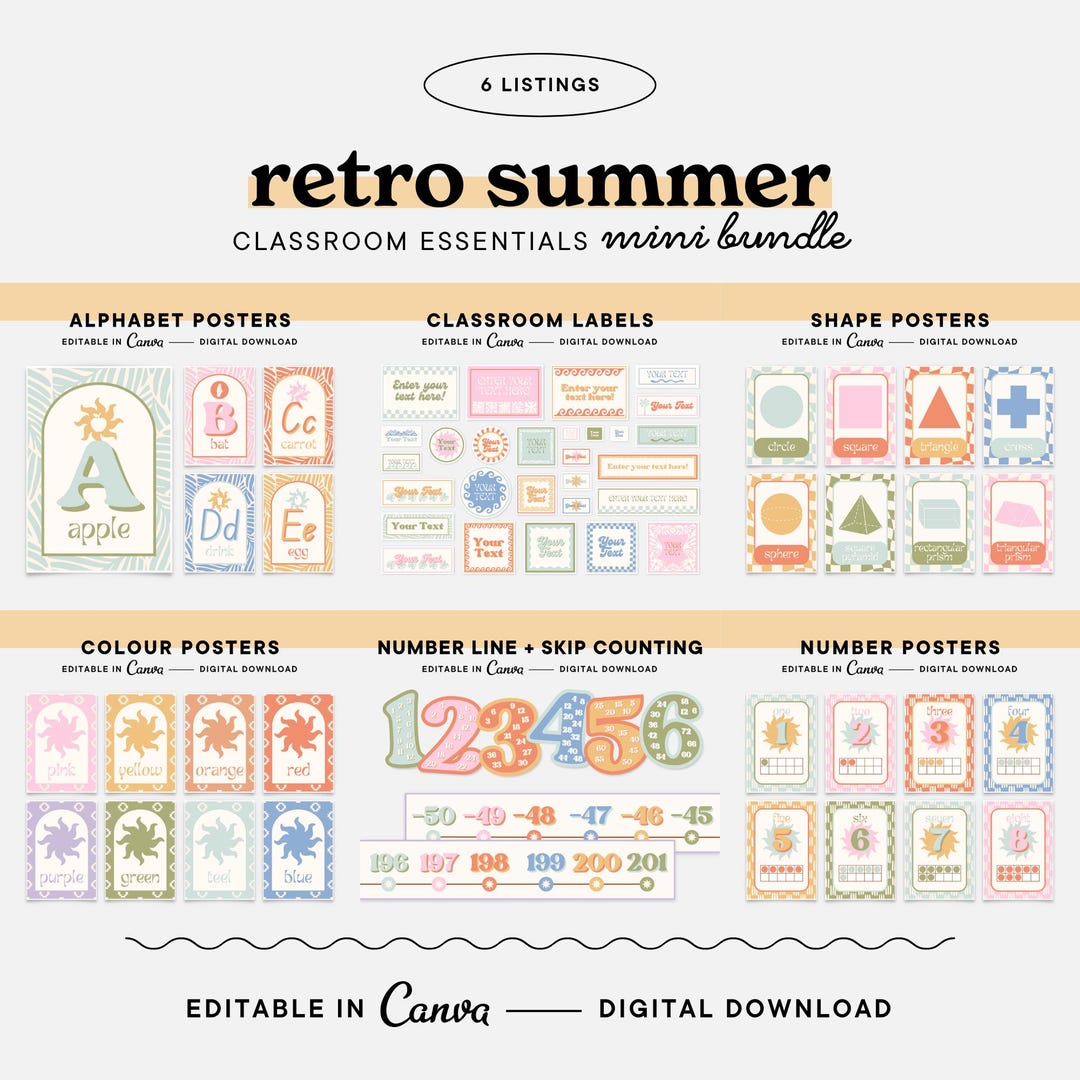 Bright Retro Classroom Essentials Decor Bundle, Editable Class Display ...