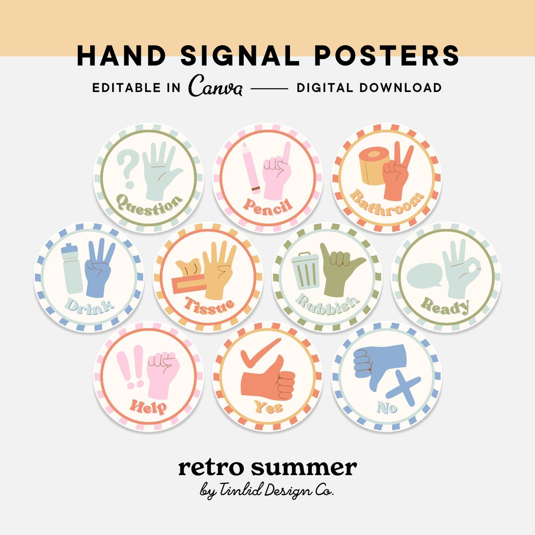 Bright Retro Classroom Hand Signal Posters, Editable Canva Template ...