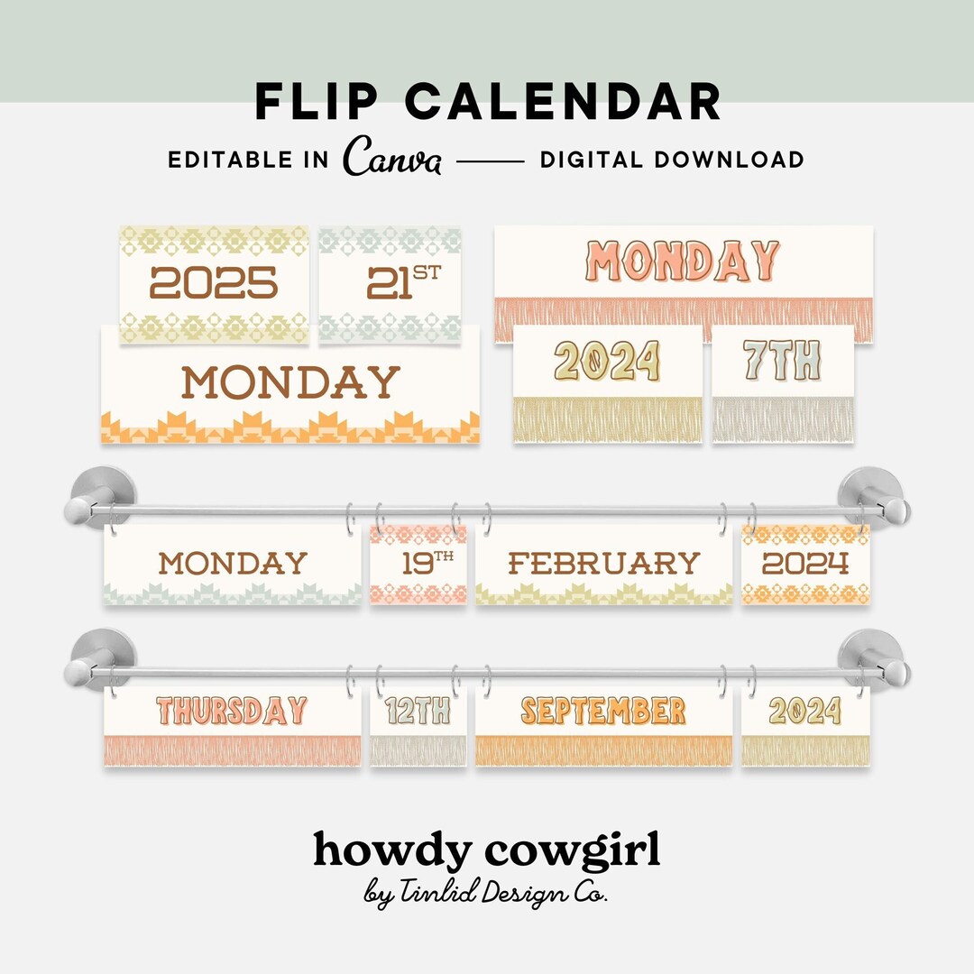 Printable Classroom Flip Calendar, Editable Canva Template, Western ...