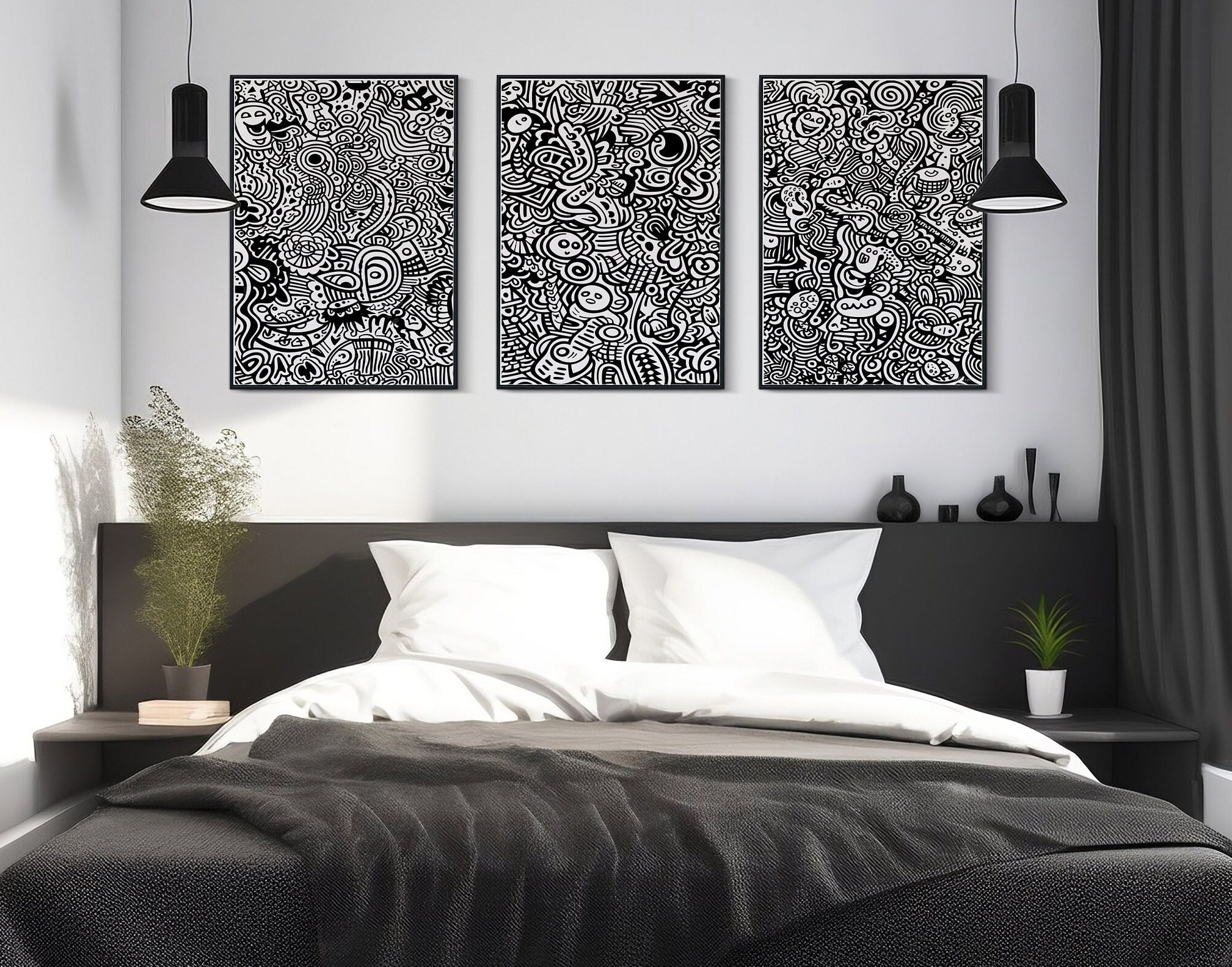 Doodle Art Prints Set of 3, Neutral Modern Wall Art Decor, Minimalist ...