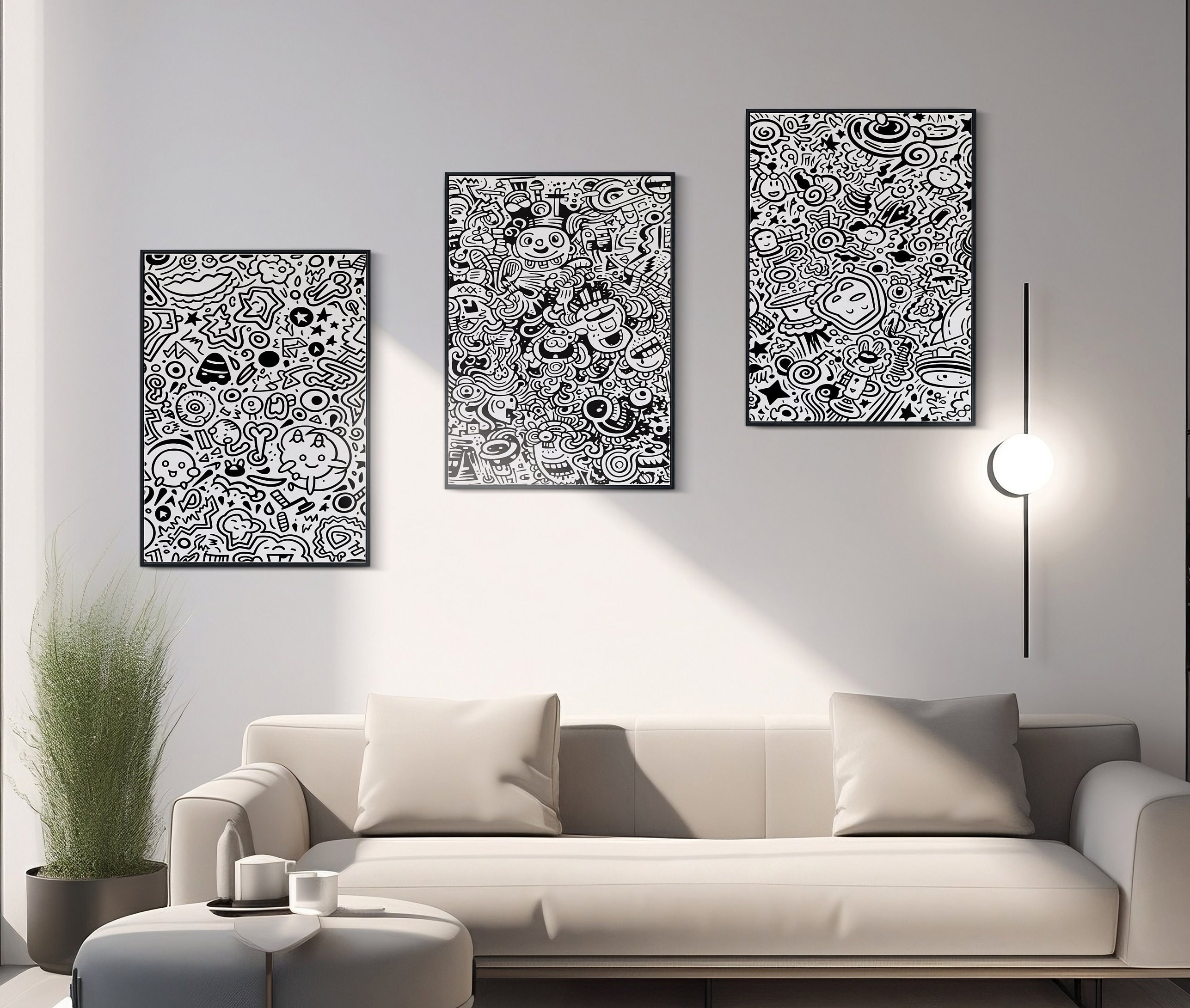 Doodle Art Prints Set of 3, Minimalist Digital Prints, Black and White ...