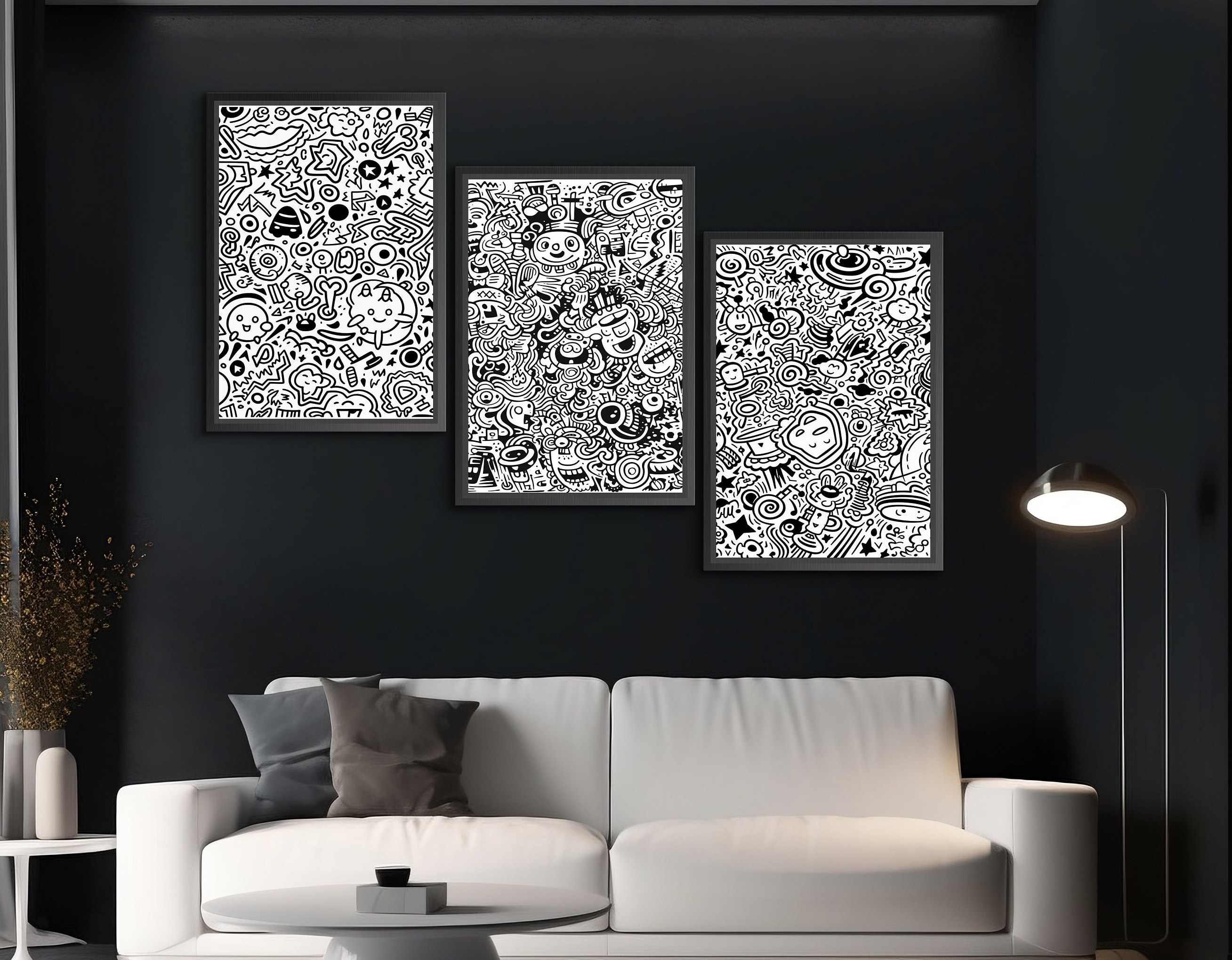 Doodle Art Prints Set of 3, Minimalist Digital Prints, Black and White ...