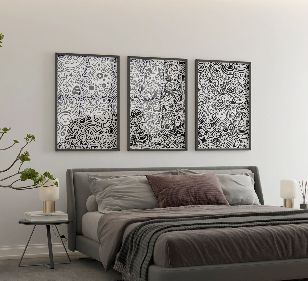 Doodle Art Prints Set of 3, Minimalist Digital Prints, Black and White ...