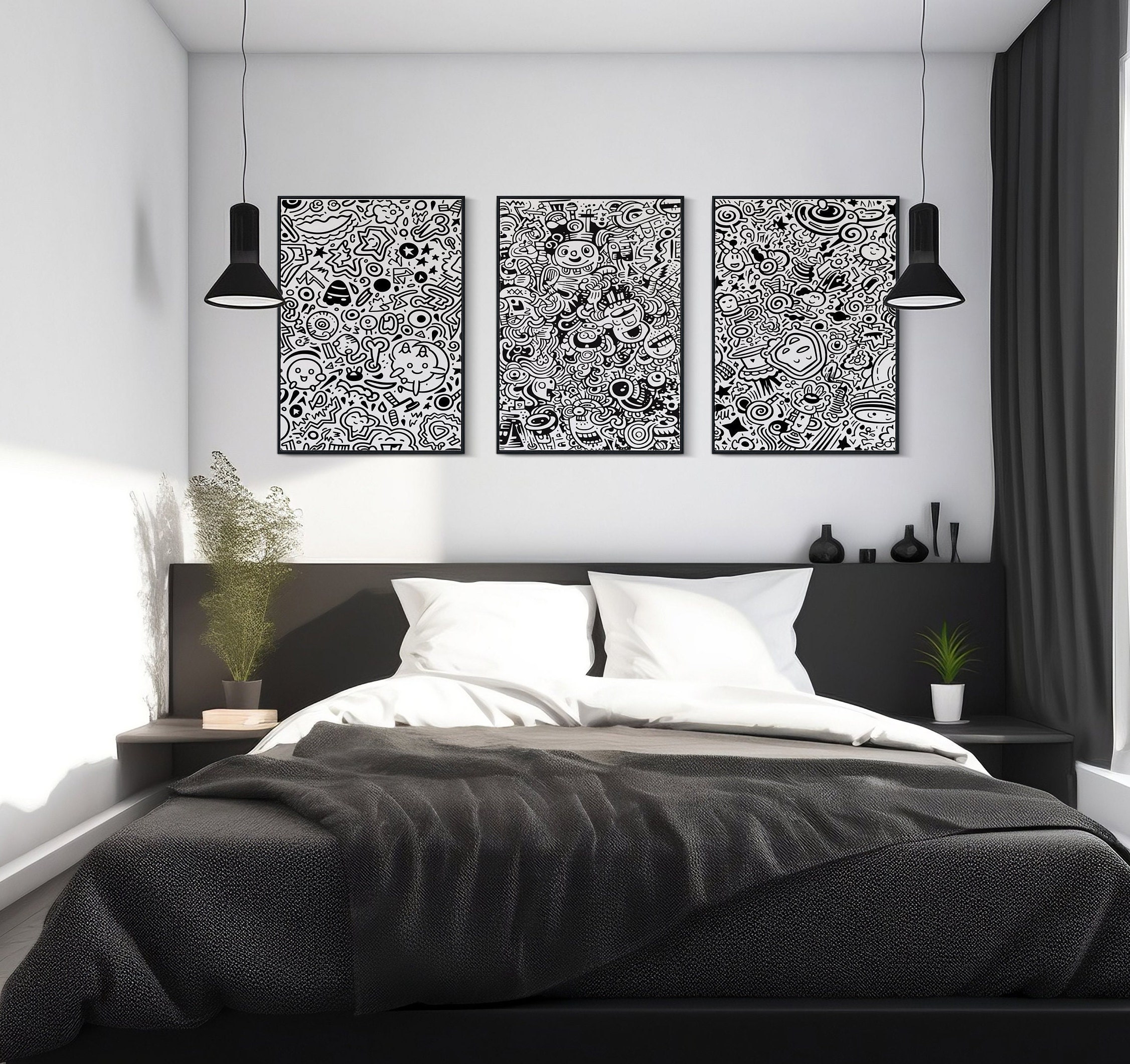Doodle Art Prints Set of 3, Minimalist Digital Prints, Black and White ...